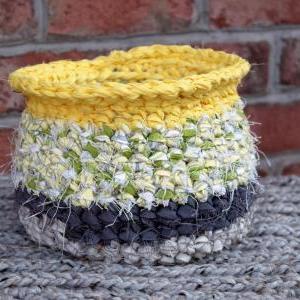 Grey And Yellow Rag Crochet Basket on Luulla