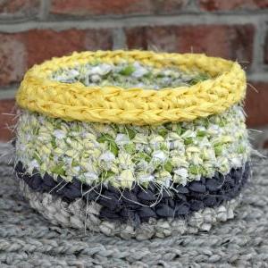Grey And Yellow Rag Crochet Basket on Luulla